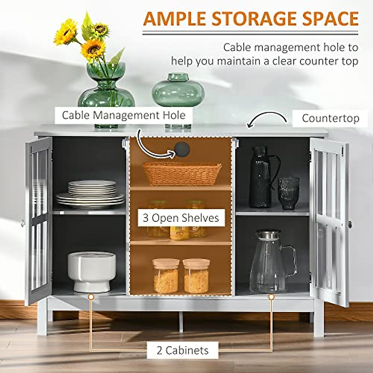 HOMCOM Sideboard, Buffet Cabinet, Coffee Bar Cabinet, Kitchen Cabinet with Storage Shelves, Slatted Framed Doors and Cable Management for Living Room, Gray