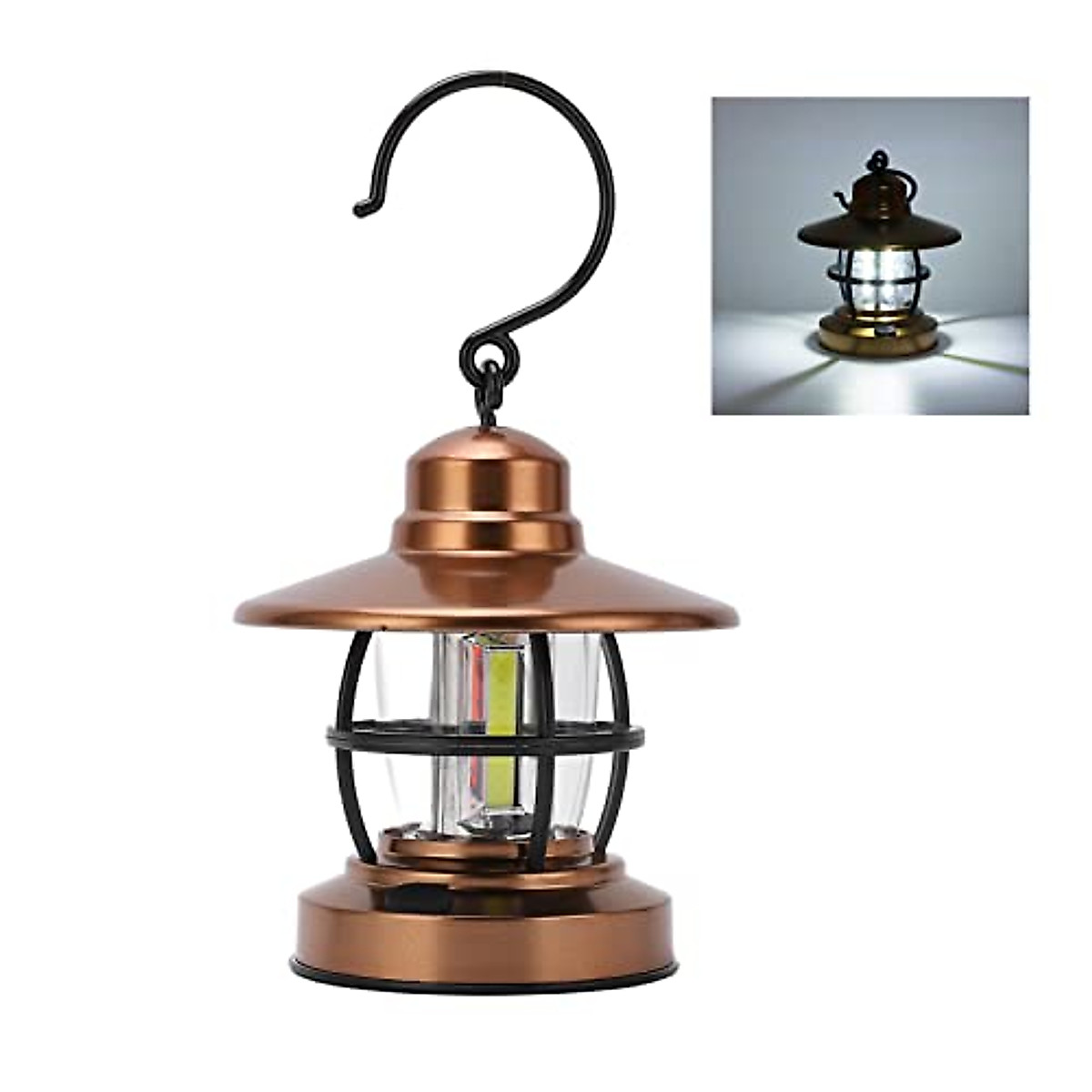 Camping Hanging Lantern, Vintage Hook Design One Button Switch 3 COB Battery Powered Garden Hanging Lamp