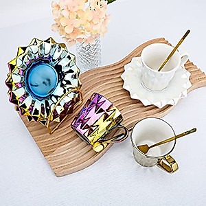 VCXOX Ceramic Coffee Mug, Creative French style Cup with Electroplated Geometry Saucer & Spoon Sets, Novelty Coffee Cup,6 oz/180 ml for Tea Latte Milk (purple)