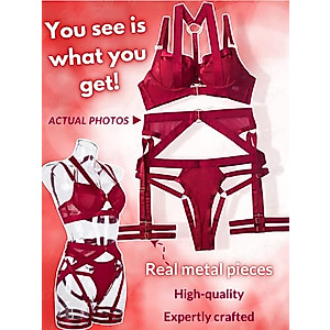 Kaei&Shi Garter Belt Thong Lingerie for Women,Strappy Hollow Out Underwire Racerback Sexy Lingerie,Harness Garter Leg Strap Matching 4 Piece Lingerie Set Boudoir Burgundy Medium