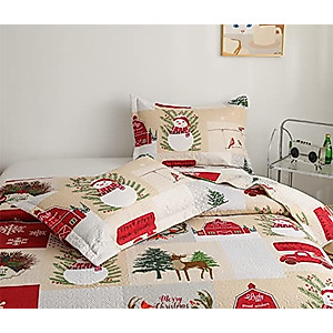 Christmas Plaid Snowman Quilt Set Queen Size (90 x 90 Inches) Reindeer Cardinal Birds Xmas Tree Snowflake Car Holiday Bedding Sets, Red Vanilla Grid Coverlet Bedspread Bed Cover Bed Set with Shams