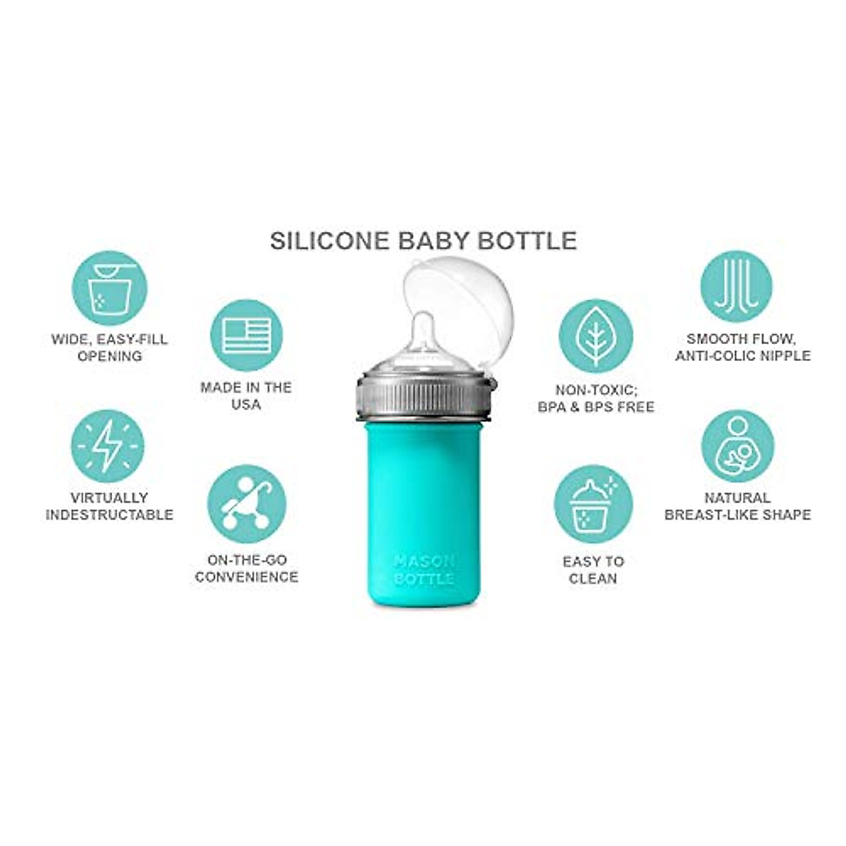 Mason Bottle Silicone Baby Bottle: Includes Silicone Nipple (Medium Flow Nipple for 3+ Months), Plastic Ring + Cap, 8 Ounce Silicone Bottle, BPA Free, Non-Toxic 100% Made in USA (1 Count)