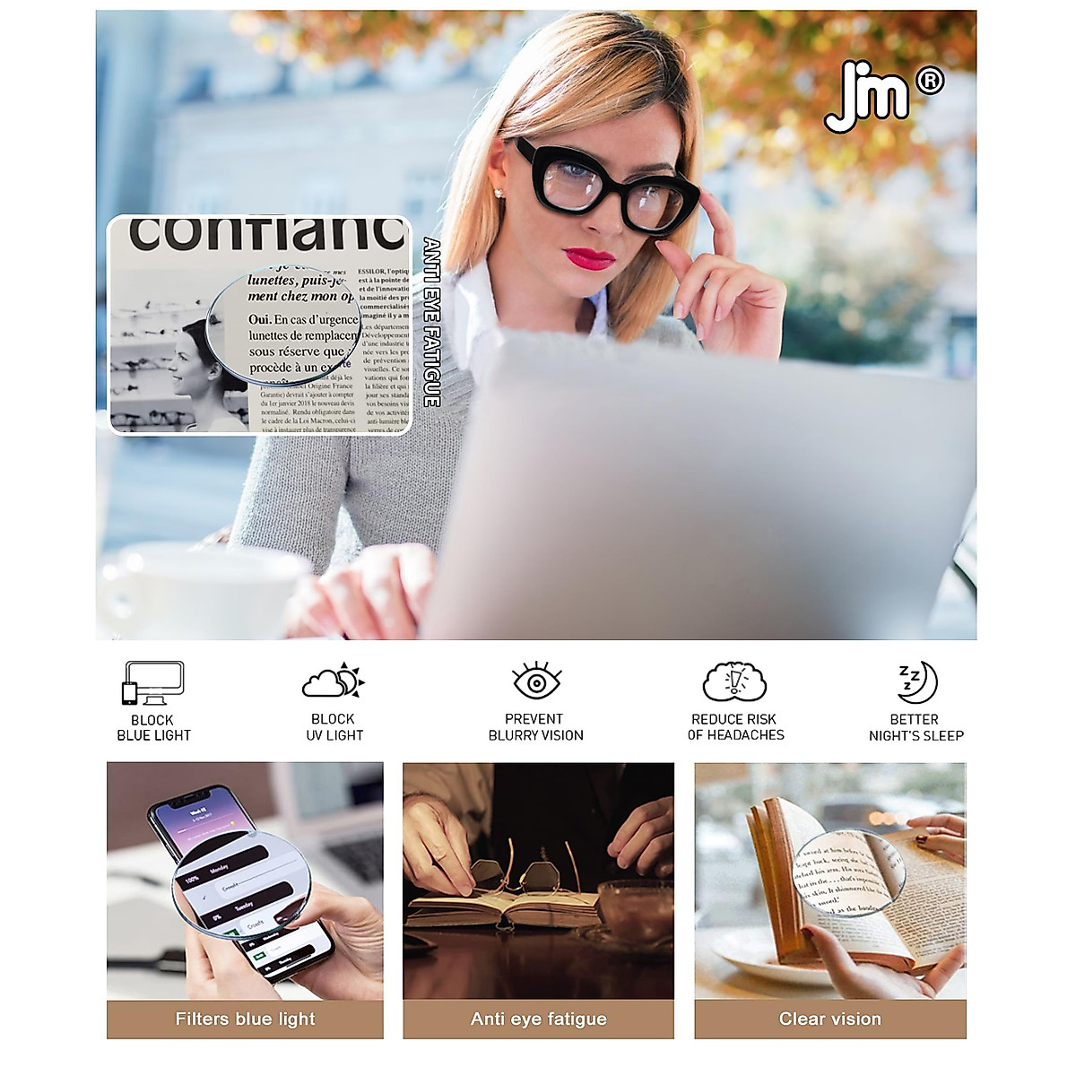 JM 3 Pack Oversized Cat Eye Reading Glasses for Women Funky Blue Light Flexible Cateye Readers +2.75