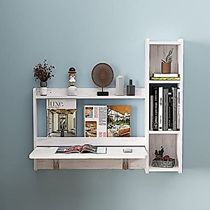 Pmnianhua Floating Desk,Wall Mounted Fold Down Wooden Laptop Computer Desk with Storage Shelves Folding Table Desk Workstation for Wall Bedroom Small Space (Gray-White (Right))