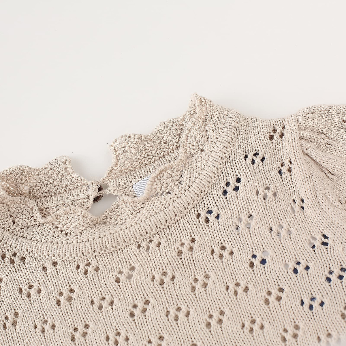 TIBE PINCESS Baby Girls Lace Sweater Toddler Cotton Knit Pullovers Kids Crochet Ruffle Lantern Sleeve Blouses Jumper Tops(Beige 3-4 Years)