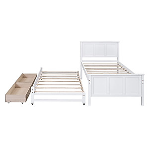 CITYLIGHT Twin Bed with Trundle and Storage, Wood Twin Size Platform Bed Frame with Trundle and Drawers, Space-Saving Twin Size Bed for Kids, Boys, Girls (Twin,White)