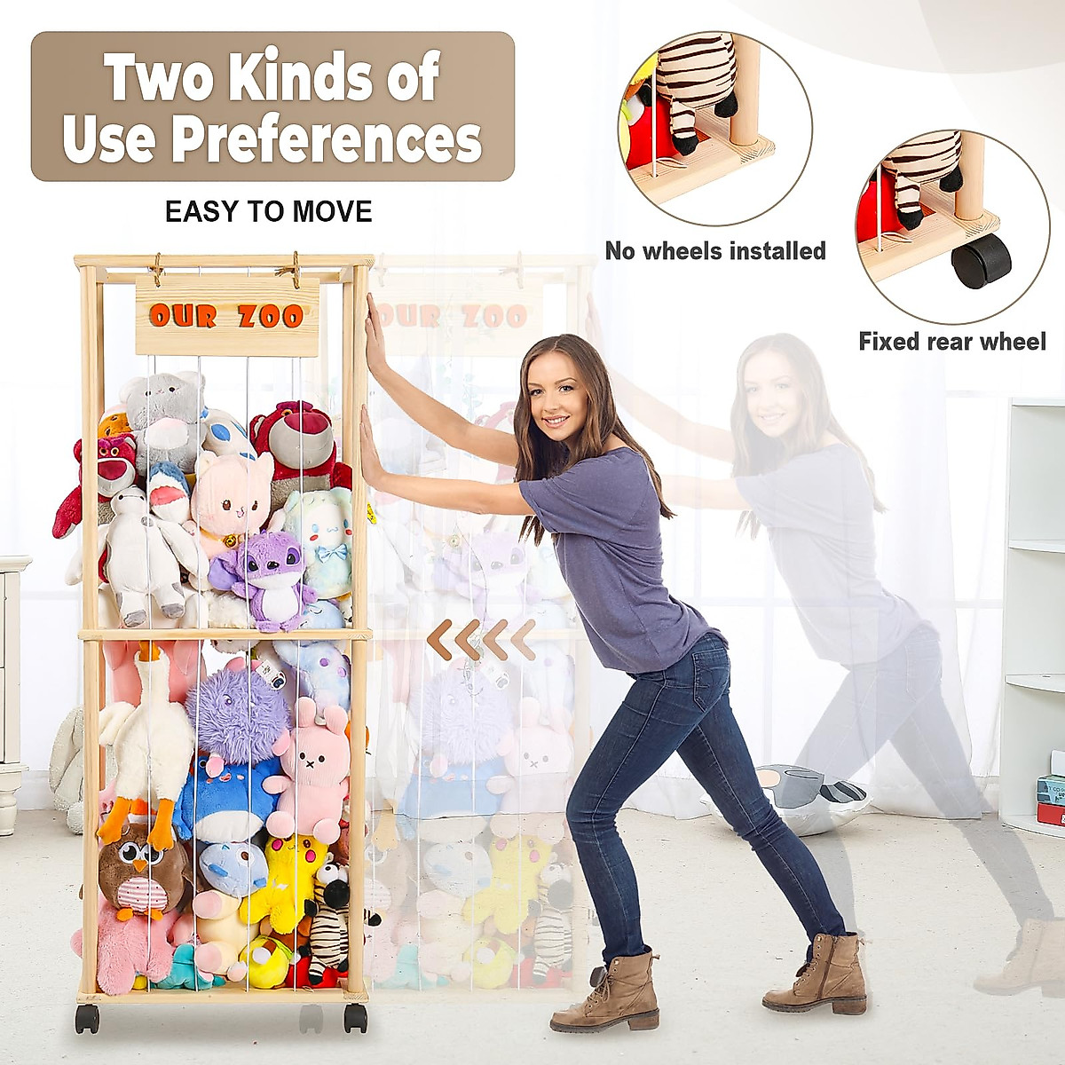 Purelax Stuffed Animal Zoo Storage - Wood Zoo Animals Toy Holder with Wheel, Animal Cage Organizer, Ball Storage, Zoo Cage for Plush Toys for Playroom Bedroom Nursery Room