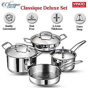 Vinod Classic Deluxe Stainless Steel Cookware Combo Set of 4 Pcs/Saucepan, Saucepot, Kadai and Frypan/Deep Kadhai for Cooking/Heavy Induction Bottom