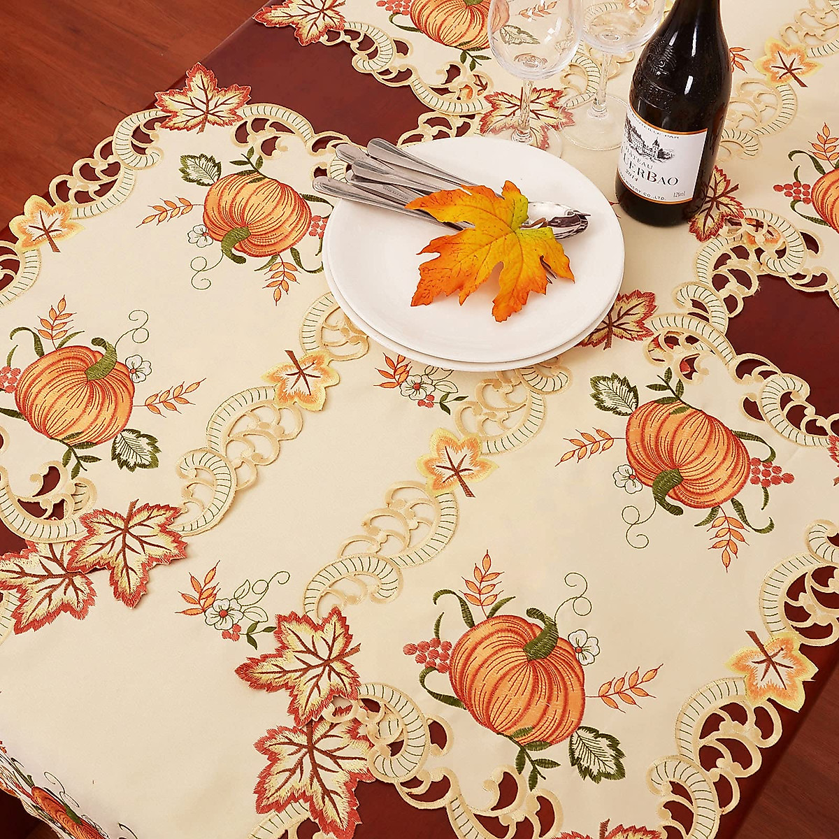 Simhomsen Thanksgiving Harvest Pumpkins Table Runners for Autumn Or Fall Decorations, Embroidery (14 × 69 Inches)