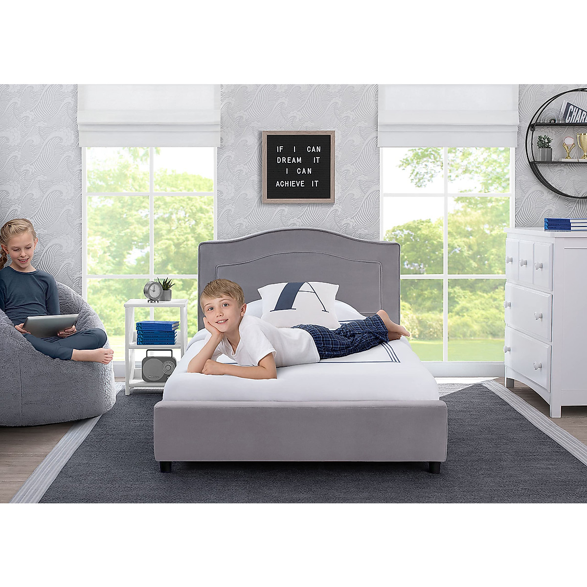 Delta Children Upholstered Twin Bed, Grey Snooze 6 inch Memory Foam Twin Mattress (Bundle)