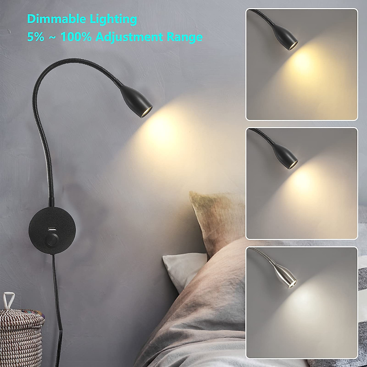 CRISETEK Reading Light Wall Mounted Reading Light headboard Touch Switch Dimmable Reading Lamp Task Directional LED Gooseneck Light AC (120V) Plug in Cable Powered 3W (Matte Black, Warm White)