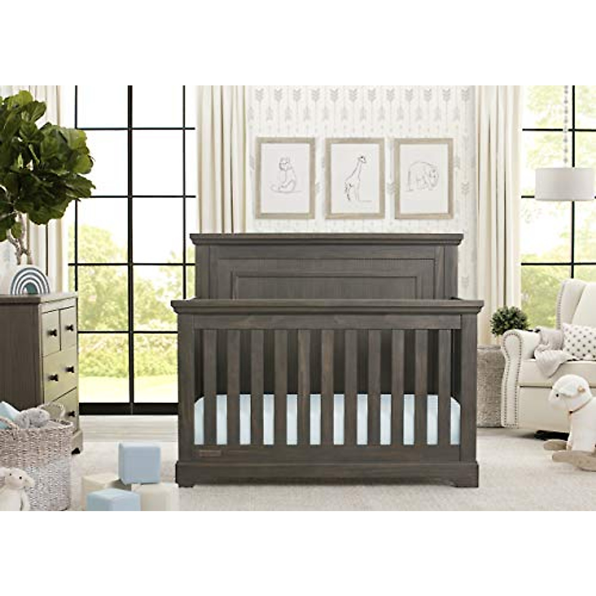 Simmons Kids SlumberTime Paloma 4-in-1 Convertible Crib, Rustic Grey + Serta Perfect Slumber Dual Sided Recycled Fiber Core Crib and Toddler Mattress (Bundle)
