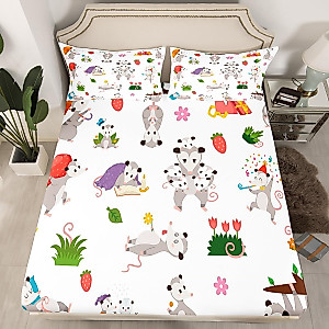 Feelyou Opossum Bed Sheet Set Full Size Kids Possum Gifts Bed Sheets with Deep Pocket Fitted Sheet for Boys Girls Possums Decor Sheets Cartoon Possum Stuffed Animal Bed Set Room Decor