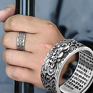 Renning Feng Shui Rings for Men Women Wealth Lucky Amulet Ring Open Adjustable Ring Sterling Silver Ring (Pixiu)
