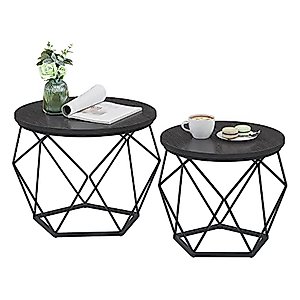 VASAGLE Small Coffee Table Set of 2, Round Coffee Table with Steel Frame, Side End Table for Living Room, Bedroom, Office, Black