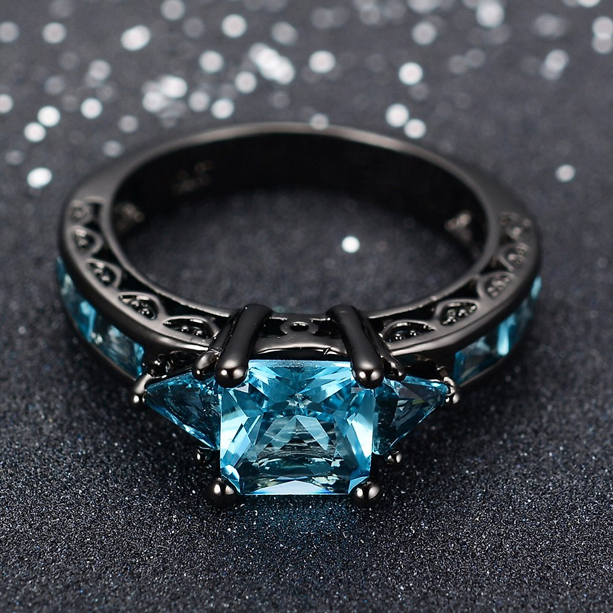 JunXin Black Gold Aquamarine Blue Diamond Antique Rings Princess Cut Wedding Size5/6/7/8/9/10/11(7)