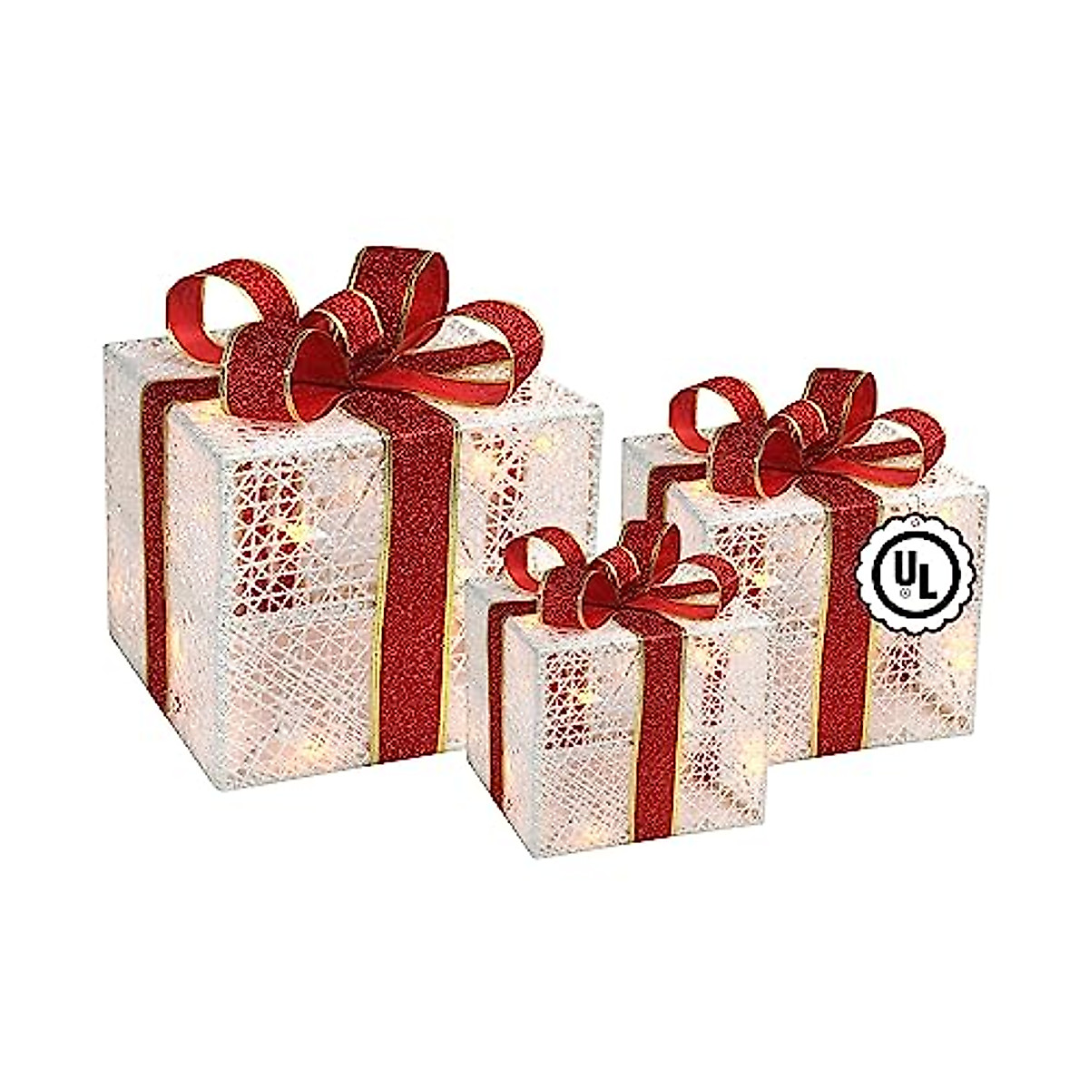 Set of 3 Lighted Gift Boxes Christmas Decoration - Pre-Lit Present with Ribbons and Bows - Light up Gift Box for Indoor Outdoor Yard Home Decor