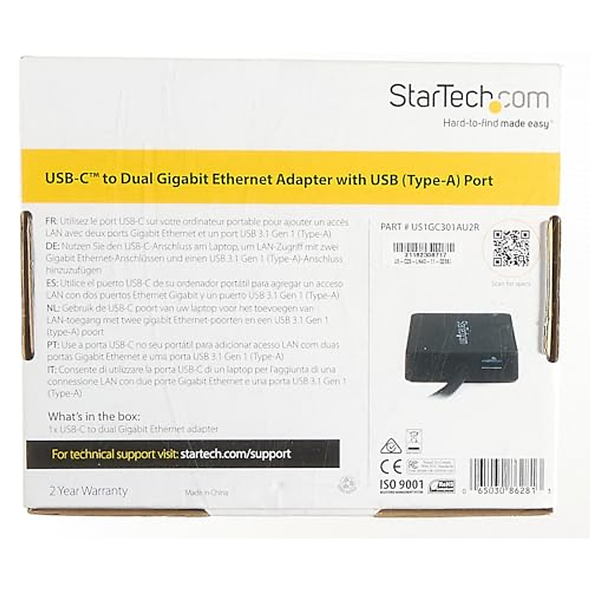 StarTech.com USB-C to Dual Gigabit Ethernet Adapter with USB 3.0 (Type-A) Port - USB Type-C Gigabit Network Adapter (US1GC301AU2R)