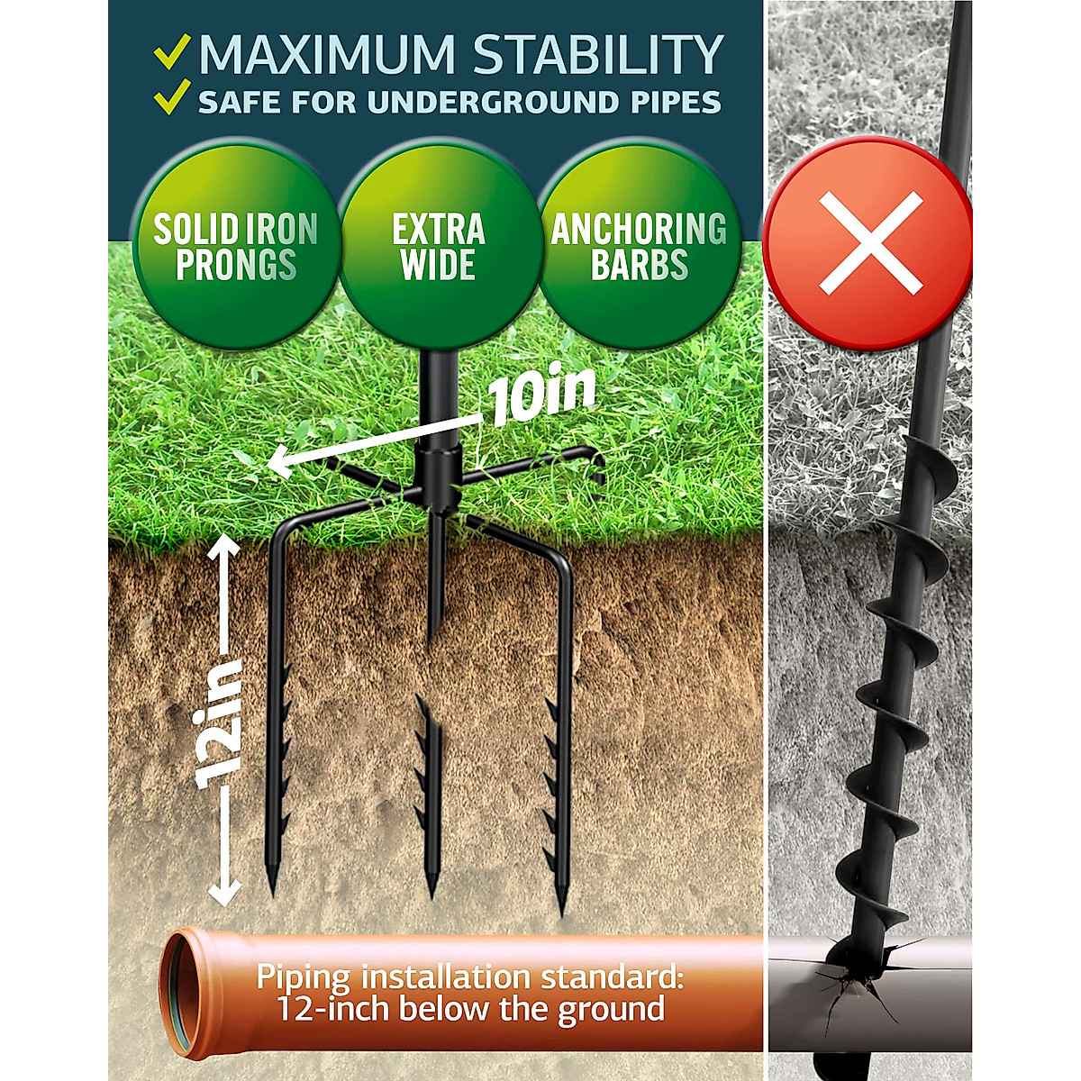 BACKYARD THERAPY Outdoor String Light Poles - 9ft Pole for Hanging Lights Outside - Galvanized & Powder Coated - Secure Ground Grip Stand - Garden, Deck, or Patio Area Lighting (2-Pack)