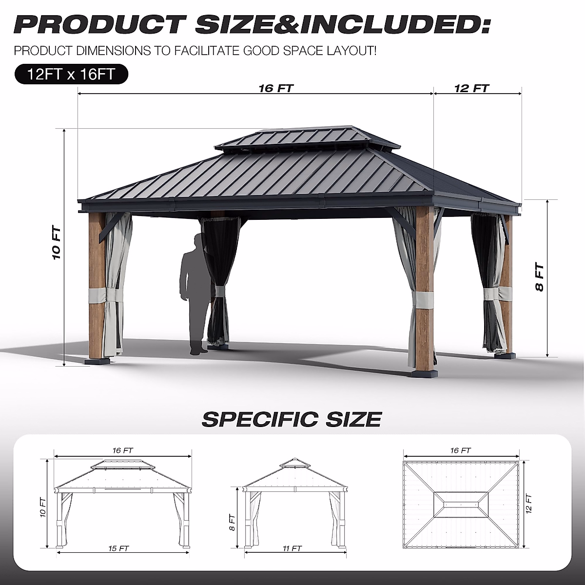 Joyside 12'x16' Hardtop Gazebo, Double Roof Galvanized Steel Canopy with Thermal Transfer Aluminum Frame Permanent Metal Pavilion with Netting and Curtains for Garden (Dark Brown Wood Grain)
