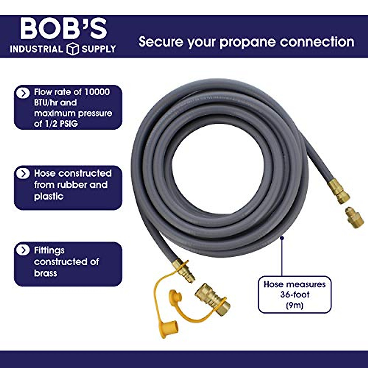 BISupply Natural Gas Grill Hose, 36ft - Flexible Gas Line Quick Connect Gas Hose 3/8in Female Flare to 3/8in Male Flare