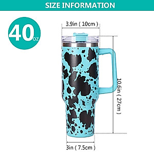 MKent 40oz COWPRINT Insulated Tumbler Trendy Stainless Steel Large Tumbler With Handle & Straw Lid,Travel, Leak Proof Tumblers Cup,Keeps Drinks Cold/Hot for 6Hrs (Lake Green Cow Print)