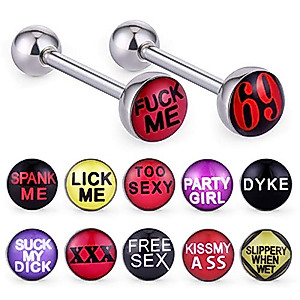 COTTVOTT Novelty Letter Stainless Steel Tongue Rings Body Piercing Jewelry Barbells(12pcs mix)