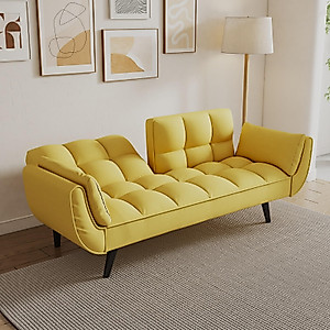 Majnesvon Velvet Futon Sofa Couch Bed with 2 Pillows, Convertible Folding Futon Couch with Adjustable Backrest, Love Seat Sleeper Sofa Bed for Small Spaces, Living Room, Office, Apartment (Yellow)
