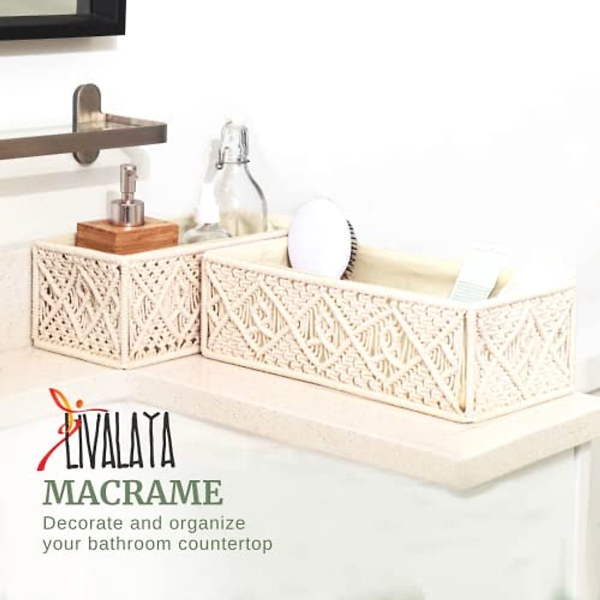 Livalaya Macrame Storage Baskets and Decorative Bins with Lining, Woven Boho Basket Box Organizers for Bathroom Countertop and Toilet Paper Holder, Bedroom, Baby Nursery and Home Organization Set of 2, US Brand