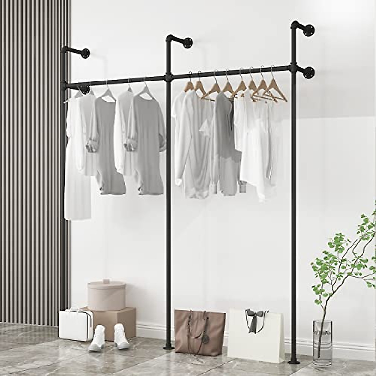 LANJIN Industrial Pipe Clothing Rack On Wall,Moden Wall Mounted Closet Storage Rack,Hanging Clothes Retail Display Rack,Heavy Duty Steampunk Garment Racks,Black & Double A