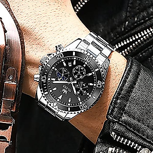 OLEVS Black Silver Watches for Men Classic with Date Business Dress Chronograph Big Face Reloj para Hombre Waterproof Luminous Mens Wrist Watch Analog Party Fashion Stainless Steel Man Watch