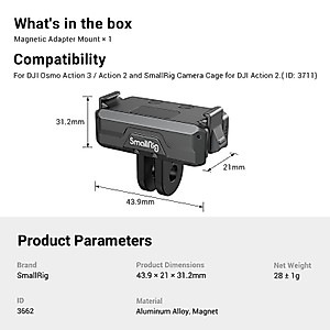 SMALLRIG Magnetic Adapter Mount for DJI Action 4 / Action 3 / Action 2, with Adapter Connection and 1/4” Thread for Osmo Action 3 / Action 2, for Tripod, Selfie, Vlogging, YouTube - 3662