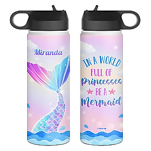wowcugi Personalized Mermaid Water Bottle Stainless Steel Double Insulated Sports Bottle 12oz 18oz 32oz Mermaid Gifts For Back To School Birthday Christmas Kids Girls Toodlers