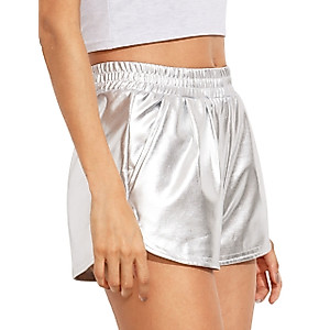 SweatyRocks Women Shorts Yoga Shorts Jogger Running Athletic Hot Shorts, Silver Silver Medium