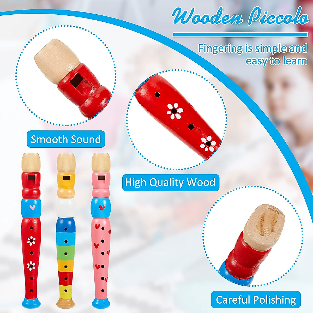 Yeshone 3 Pieces Small Wooden Recorders Wooden Flute Colorful Piccolo Flute for Music Education Sound Learning Musical Instrument, Random Colors(3 Pcs)