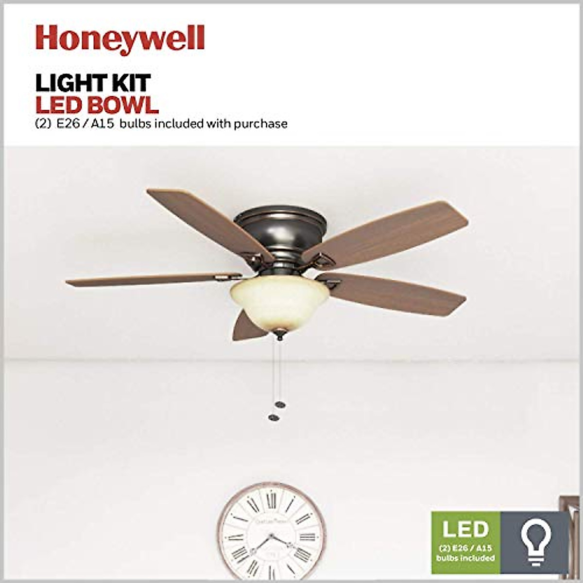 Honeywell Ceiling Fans Glen Alden, 52 Inch Classic Flush Mount Indoor LED Ceiling Fan with Light, Pull Chain, Quick-2-Hang Dual Finish Blades, Reversible Motor - 50517-01 (Oil Rubbed Bronze)