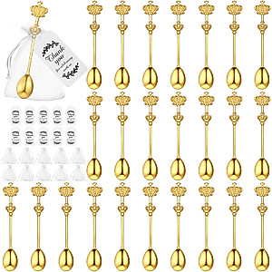 24 Set Gold Stainless Steel Coffee Cake Spoons Crown Teaspoon Long Handle Stirring Spoon with 24 Pcs Tags and Bags Drinking Dessert Ice Cream Spoon for Wedding Bridal Shower Gift Guest Tea Party Favor