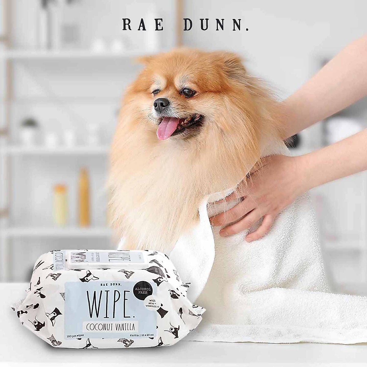Rae Dunn Pet Wipes, Alcohol Free with Aloe and Vitamin E, Coconut Vanilla, 150 Count