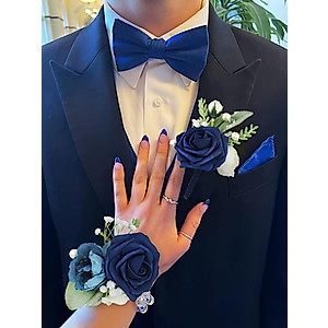 Rinlong Navy Blue Rose Corsage and Boutonniere Set for Men Wedding Homecoming Prom