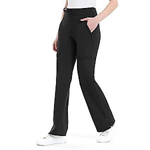 QBK Yoga Scrub Pants Women Mid Rise Yoga Work Pants- Five Pocket Cargo Scrub Pant (Large, Black)