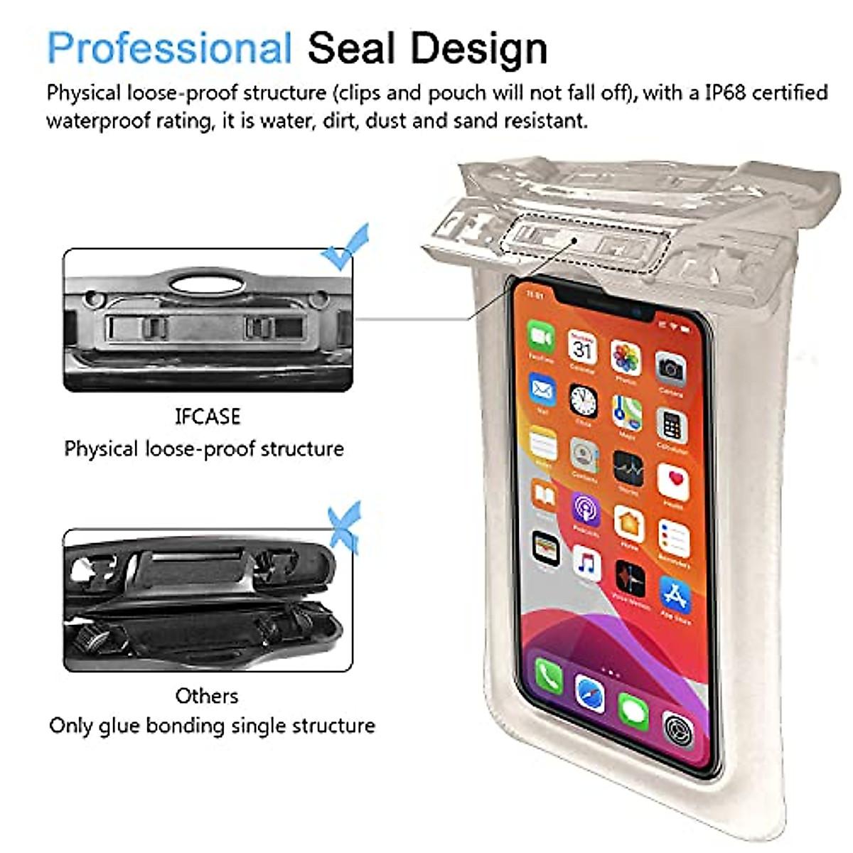 IFCASE Universal Waterproof Case, TPU Phone Dry Bag Pouch for iPhone 14 Pro Max, 13 12 11 XS XR SE, Samsung Galaxy S22 S21 S20 S10 Plus, S22 S21 Ultra, A13 A53 5G (White)