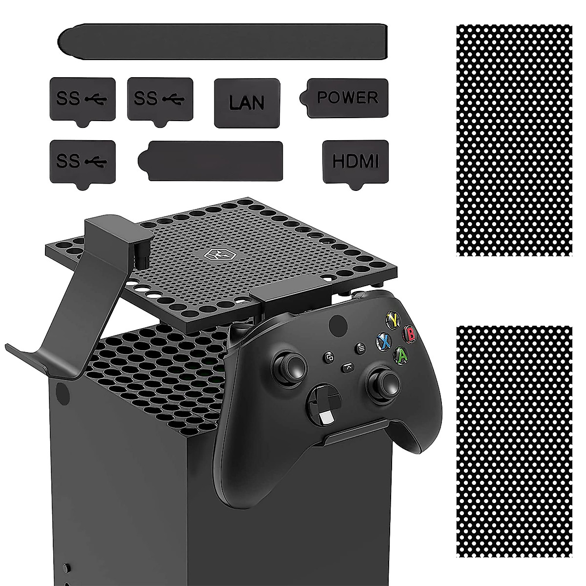 Dust Cover Set for Xbox Series X Console, Dust Filter Covers with 2 Controller Holder Hanger Stand and 8 Dust Plugs Compatible with Xbox Series X