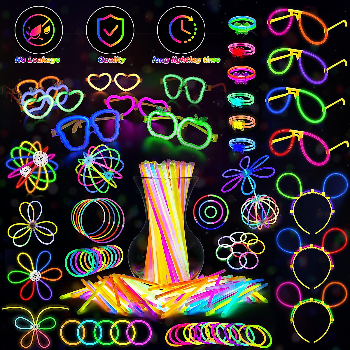 SHQDD New Year Party Favors for Adults Kids, Glow Party Favors, Neon Light Up Party Favors 27 Rave Accessories, 56 LED Light Up Toys, 100 Glow Sticks Bulk Party Pack,Glow in the Dark Party Supplies