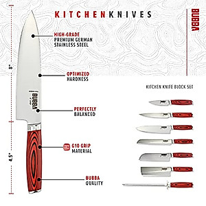 BUBBA Kitchen Knife Set for all your kitchen cutting needs with G10 Handles, Premium German Stainless Steel and a Parawood Knife Block.