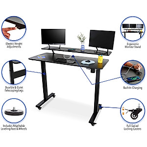 Stand Steady Tranzendesk Power | 55 Inch Electric Standing Desk with Built-In Charging | Height Adjustable Sit to Stand Desk | Electronic Standing Workstation with 1 AC Outlet & 2 USB Ports (55/Black)