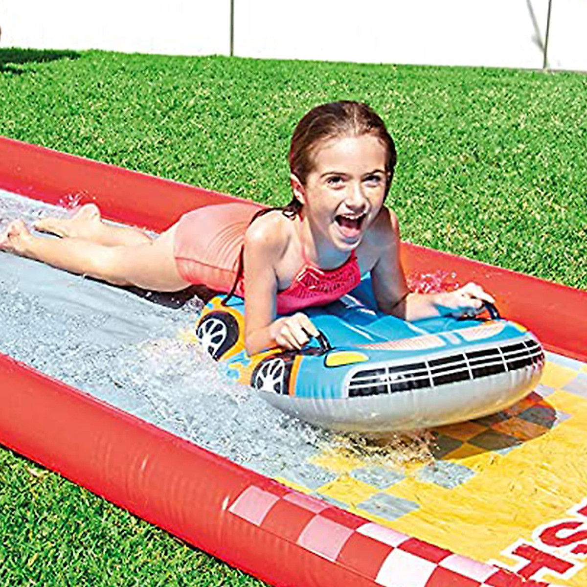 Intex 57167EP 18.5 Foot Long Inflatable Racing Fun Water Slide Track with 2 Surf Car Riders and Built-in Sprayer for Ages 6 and Up