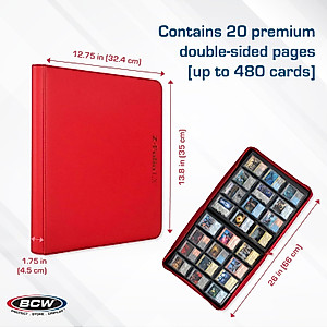 BCW Z-Folio LX Zipper Portfolio - Premium Red Leatherette 12-Pocket Playset Album - Secure Zipper - 480 Card Capacity - Card Collector's Dream - Card Organizer - Trading Card Storage