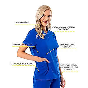 PuriPure Women Scrubs Top V-Neck Athletic Workwear Uniform 4-Way Stretch V-Neck Scrub Top with 2 Pockets (XX-Large, Galaxy Blue)