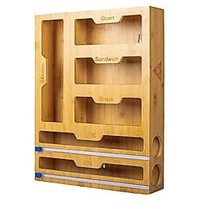 Shaw Limited Ziplock Bag Organizer - Bamboo, 6 in 1 Wrap Dispenser with Cutter, Perfect for Gallon, Quart, Sandwich & Snack Bag, Cling Film, Aluminum Foil etc; Compatible with 12" Kitchen Rolls