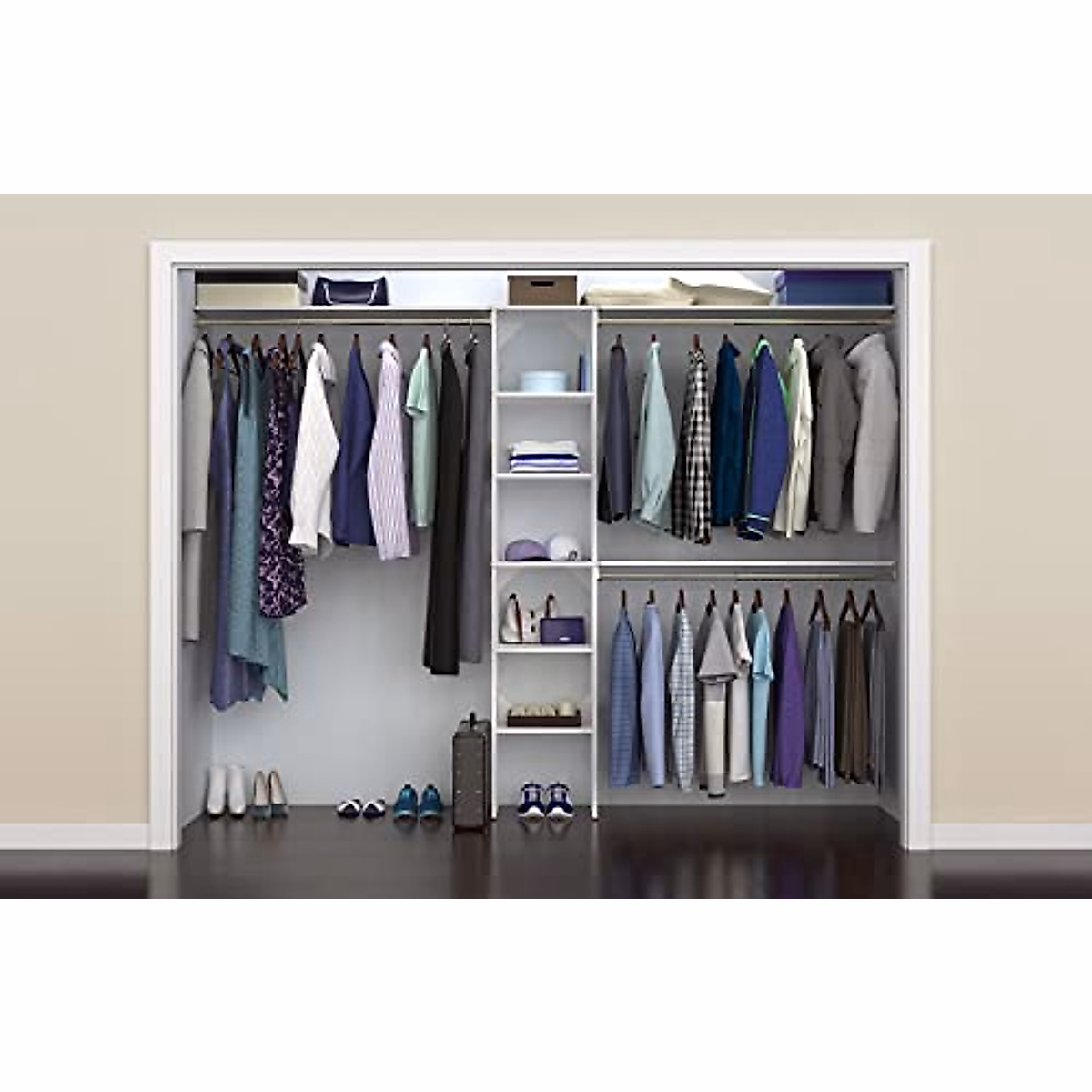 ClosetMaid SuiteSymphony Wood Closet Organizer Kit with Tower, 3 Hang Rods, Top Shelves, Adjustable, Fits Spaces 5 - 9 ft. Wide, Pure White